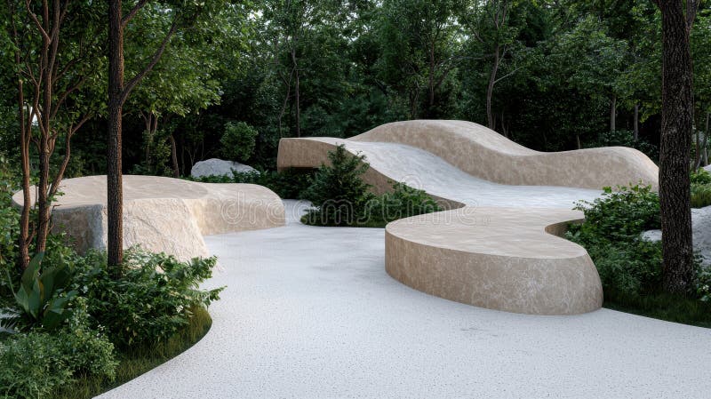 Abstract Beige Stone Pathway Winding through Lush Green Forest Stock ...