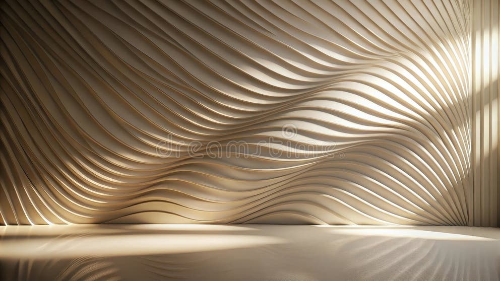 Abstract Beige Wave Pattern Wall with Subtle Lighting and Empty Floor ...
