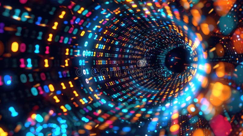 Abstract Big Data Flow In Network With Streams Of Binary Code Turning Into Colorful Patterns