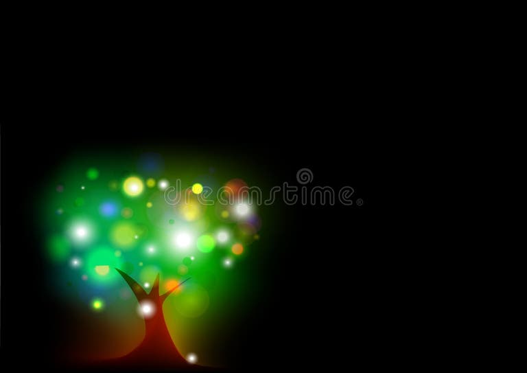 Abstract Big Tree with Glowing Fireflies in the Black Background Stock ...