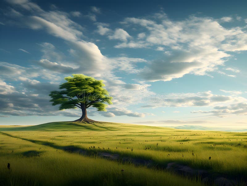 An Abstract of Big Tree Standing Alone in the Middle of a Green Field ...