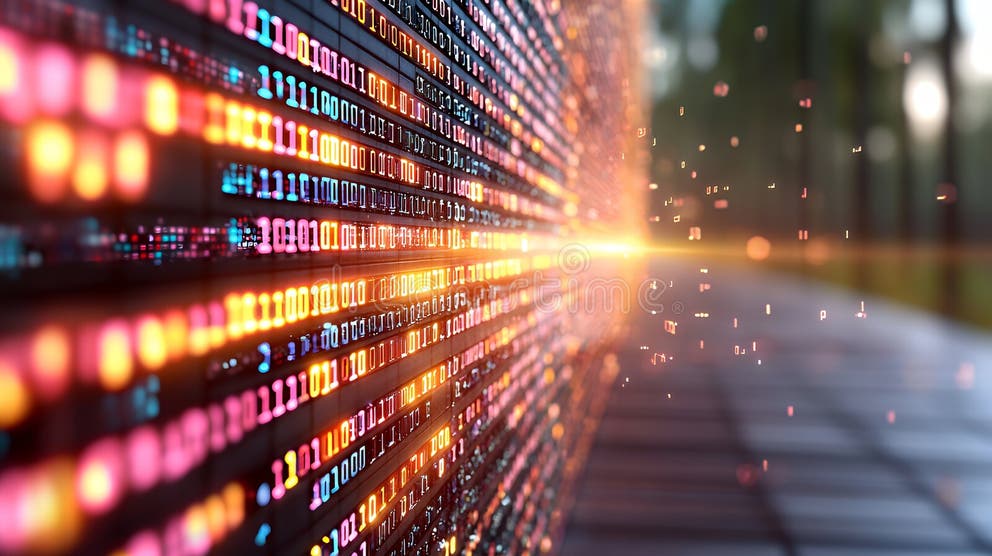 Abstract Binary Code Display with Glowing Light Streaks and Data Flow ...