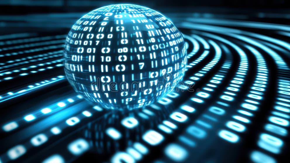 Abstract Binary Code Sphere, Exploring Digital Data, Network Security, and Technology Concepts ...