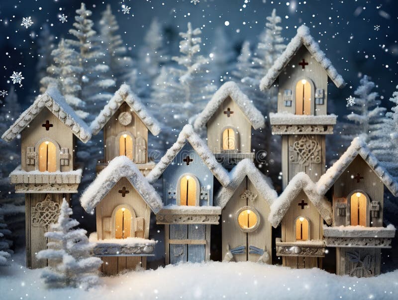 Abstract Bird House Set in the Snowfall Stock Illustration ...