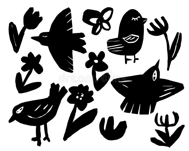 Abstract Birds and Flowers Set, Quirky Hand Drawn Decor, Vector ...