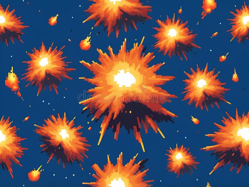 Abstract 8 Bit Pixel Art Fireball Explosion on Blue Background Stock ...