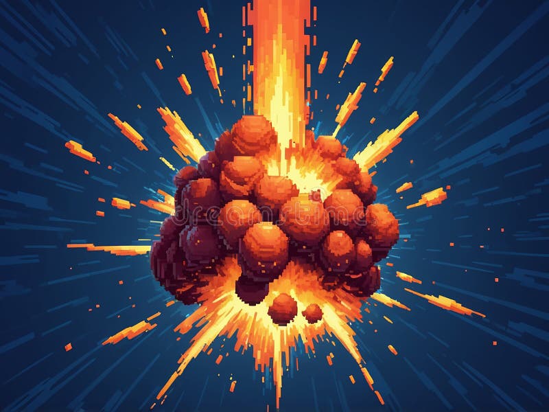 Abstract 8 Bit Pixel Art Fireball Explosion on a Blue Background Stock ...
