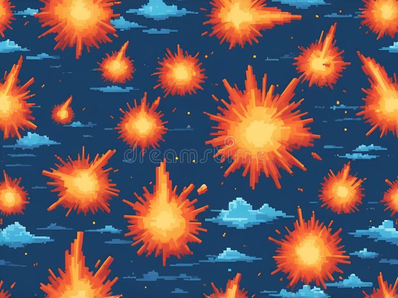 Abstract 8 Bit Pixel Art Fireball Explosion and Cloud on a Blue ...