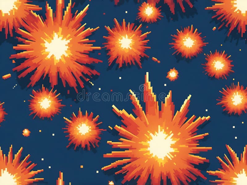 Abstract 8 Bit Pixel Art Fireball Explosion on Dark Blue Background ...