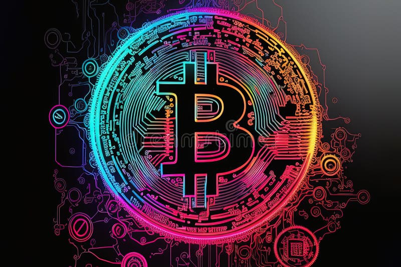 Abstract Bitcoin in Neon Colors, Black Background. Generaive AI Stock ...
