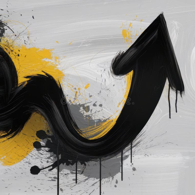 Abstract Black Arrow Rising with Splashes of Yellow and Gray Paint ...