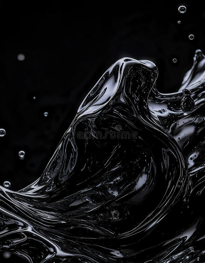 Abstract Black Art Showcasing Flowing Liquid Form with Bubbles Against ...