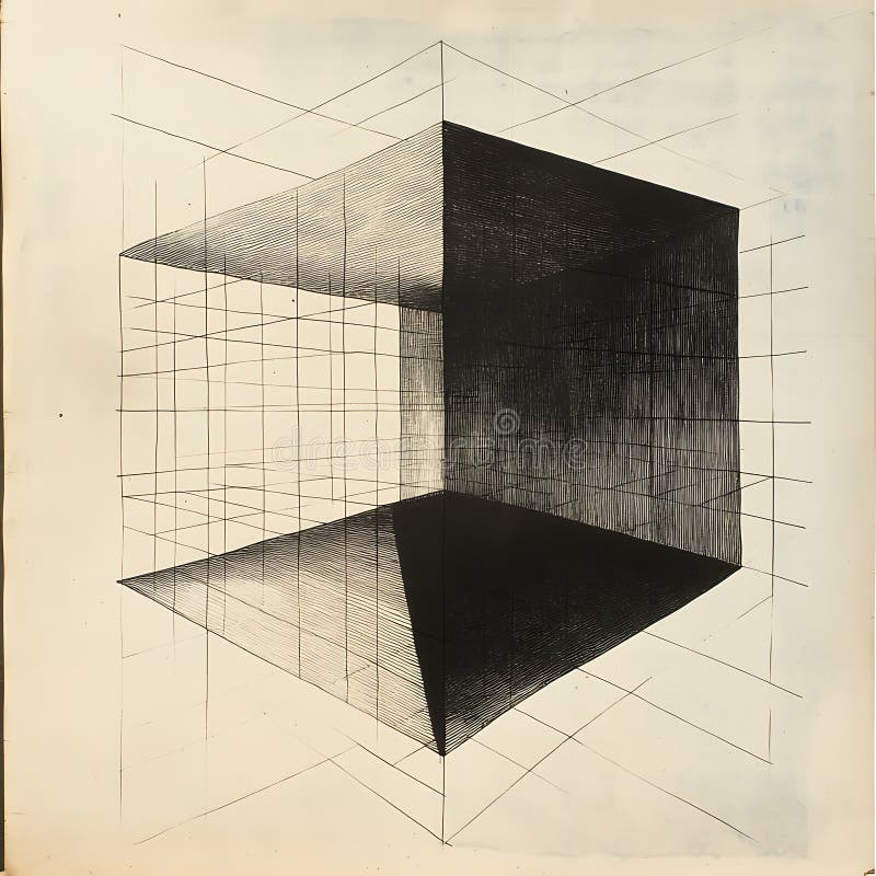 Abstract Black Cube Drawing with Perspective Lines Stock Illustration ...
