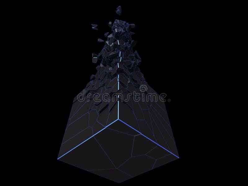 Abstract Black Cube Shape with Blue Glow Outlines Breaking into ...