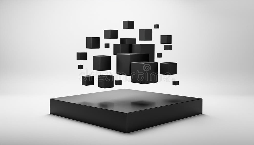 Abstract Black Cubes Floating in Space with a Black Platform at the ...