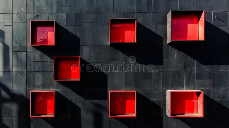 Abstract Black Facade with Red Cube Windows and Shadows Stock Image ...