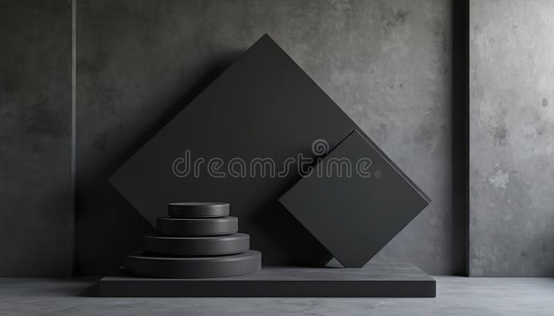 Abstract Black Geometric Forms on Concrete Platform. Dark Background ...