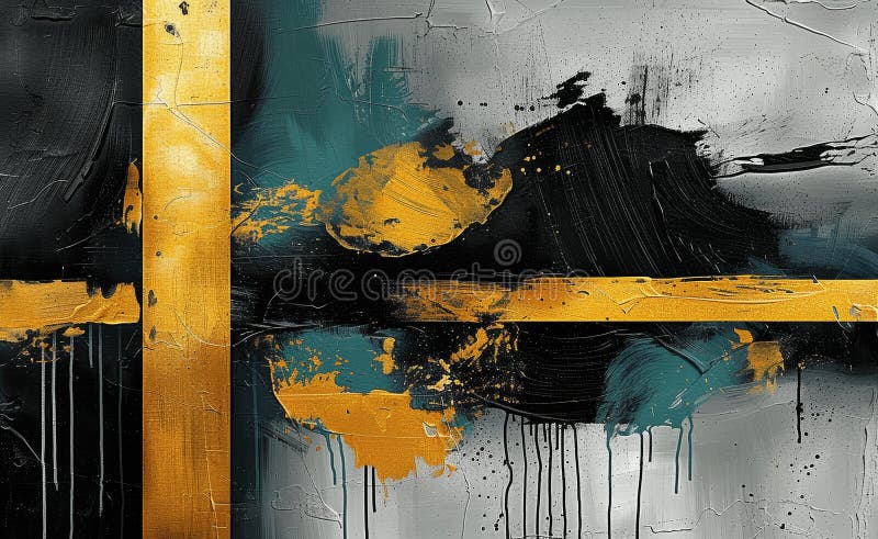 Abstract Black and Gold Drip Painting on Grey Background Stock ...