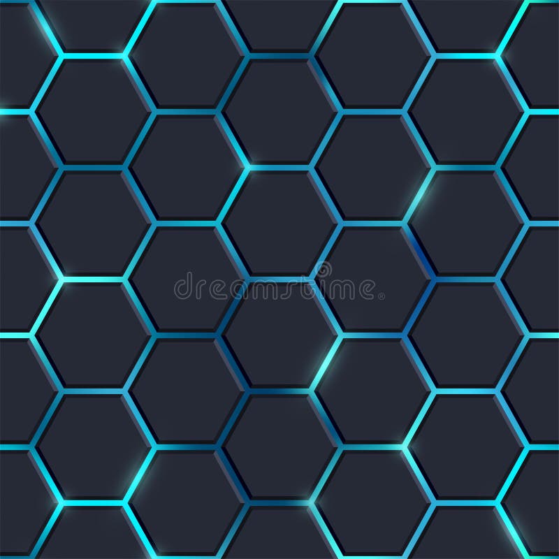 Abstract Black Hexagon Tiles Seamless Pattern with Shiny Flares on Blue Background. Modern ...