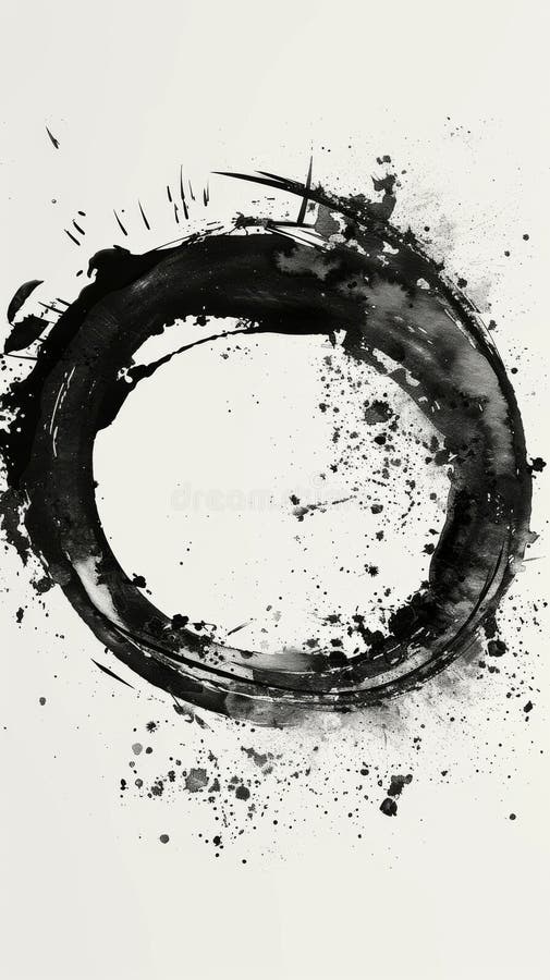 Abstract Black Ink Circle with Splatters on White Background Stock ...