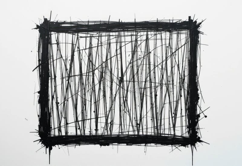 Abstract Black Ink Drawing with Rectangular Frame and Linear Elements ...