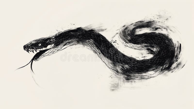 Abstract Black Ink Illustration of a Snake with Textured Details and ...