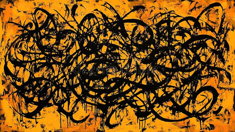 Abstract Black Ink Strokes on Orange Canvas, Gallery Backdrop Stock ...