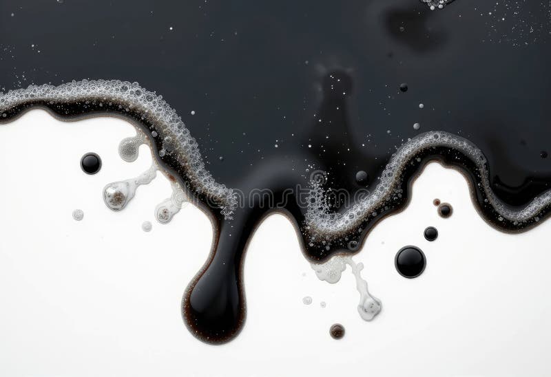 Abstract Black Liquid Pouring with Foam and Droplets on White ...