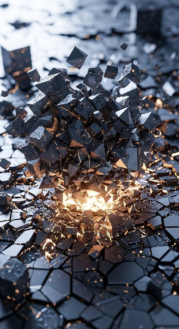 Abstract Black Metallic Cubes Exploding with Bright Light in Dark ...