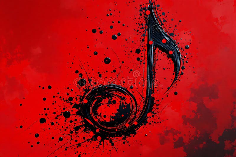 Abstract Black Music Note Splatter Design on Vibrant Red Background ...
