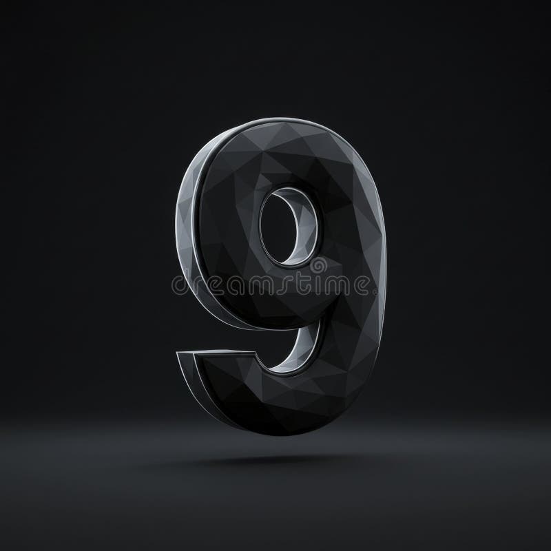 Abstract Black Number Nine with Faceted Surface Floating on Dark ...