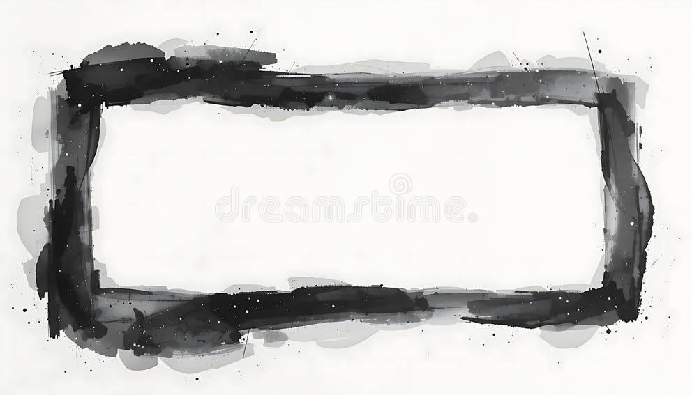 Abstract Black Rectangular Frame with Ink Splatters on White Background ...