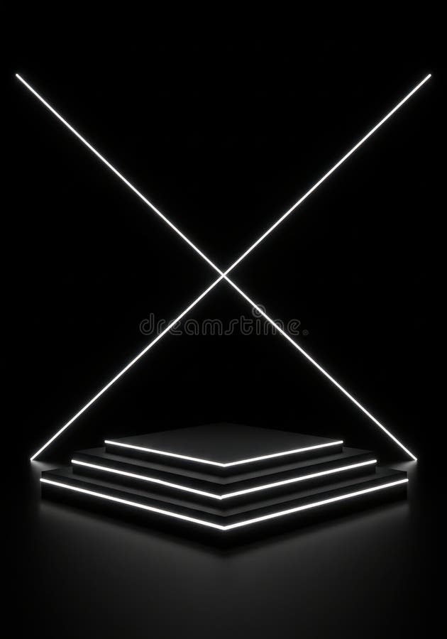 An Abstract Black Stage with Bright White Neon Light Accents Stock ...