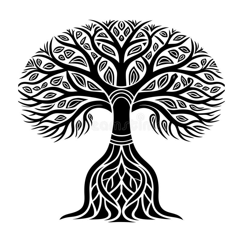 Abstract Black Tree Vector Illustration with Roots and Leaves on White ...