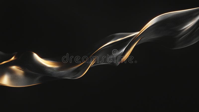 Abstract Black Wave with Gold Reflections Flowing on a Black Background ...