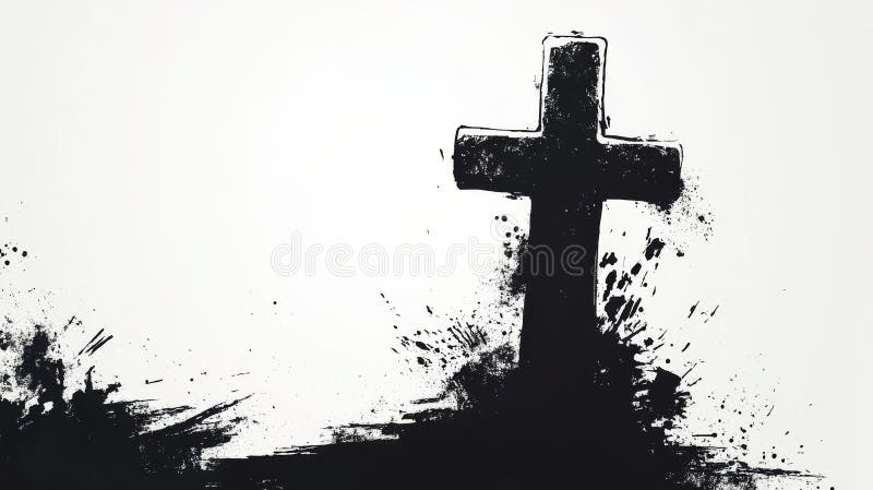 Abstract Black and White Cross with Splatter Effect on White Background ...