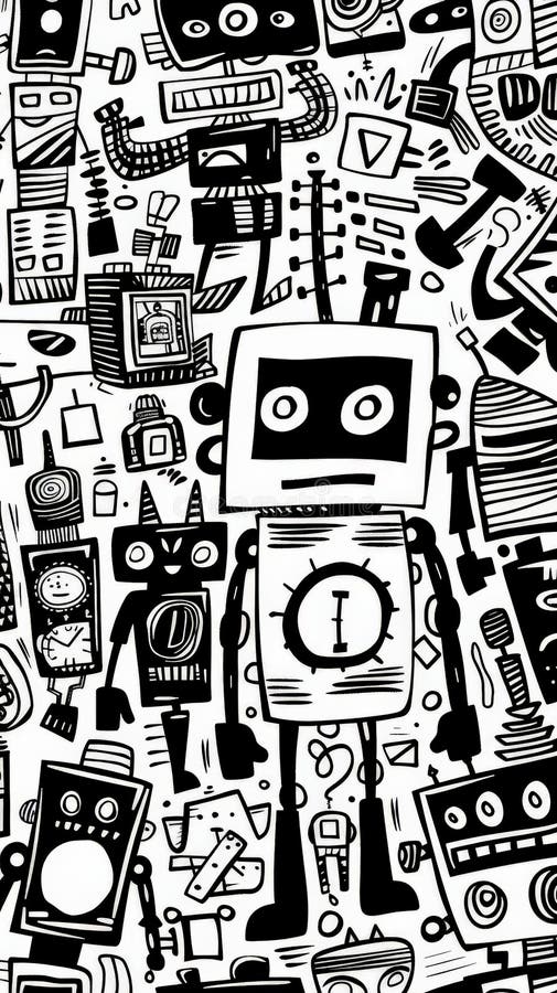 Robot Cartoon Character Black White Line Art Stock Photos - Free ...