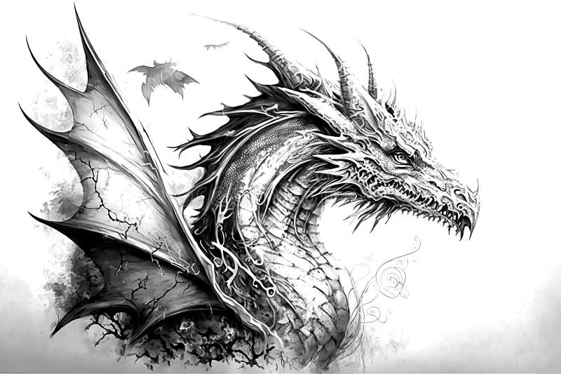 Abstract Black and White Drawing of a Dragon S Head and Wing, Side View ...