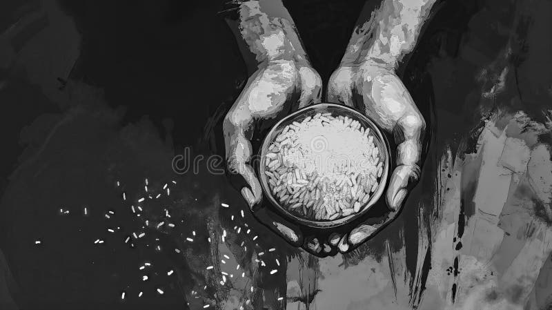 Abstract Black and White Drawing of Two Hands Holding a Bowl of Rice ...