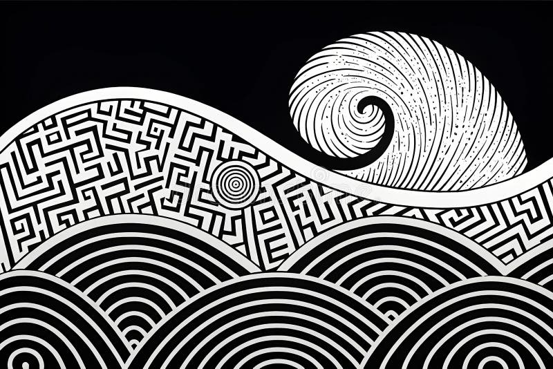 Abstract Black and White Fingerprint Doodle Wave Maze Pattern for ...