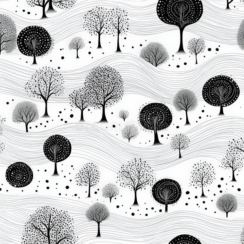 Abstract Black and White Forest Pattern with Unique Tree Designs Stock ...