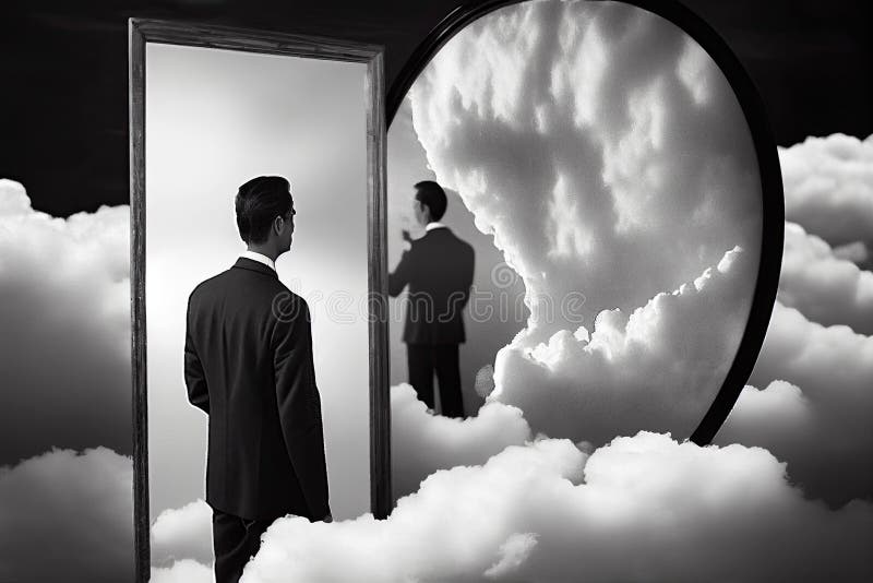 Abstract Black and White Illustration of a Man in a Suit Looking at His ...