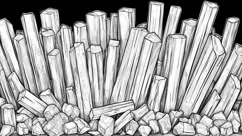 Abstract Black and White Illustration of Tall Crystal Structures on a ...