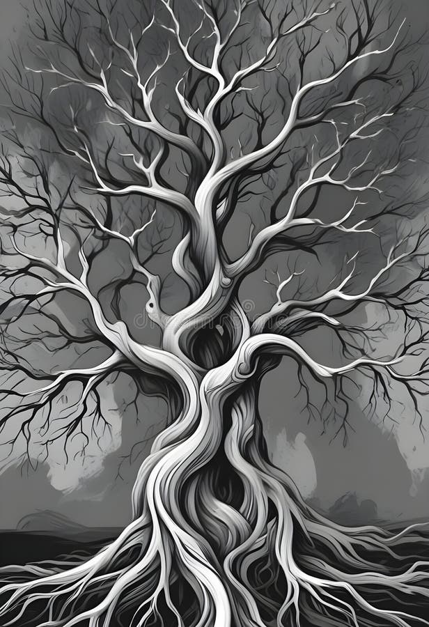 Abstract Black and White Illustration of a Tree with Twisted Branches ...