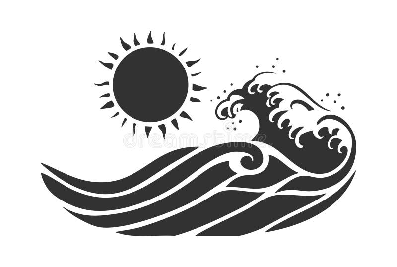 Abstract Black and White Illustration of a Wave and Sun Design. Stock ...