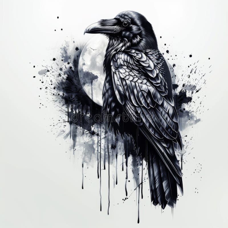 Abstract Black and White Ink Illustration of a Raven with Splatter ...