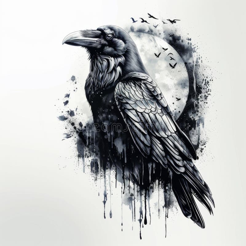 Abstract Black and White Ink Illustration of a Raven with Splatter ...