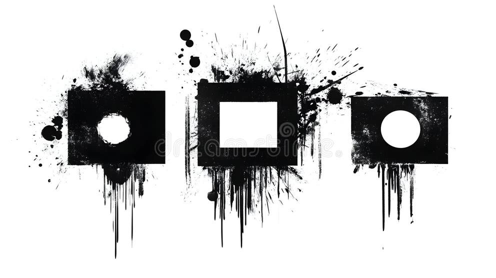 Abstract Black and White Ink Squares with Splatter Patterns on White ...