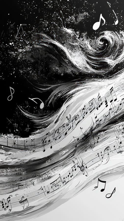 Abstract Black and White Musical Flow Illustration with Notes Stock ...