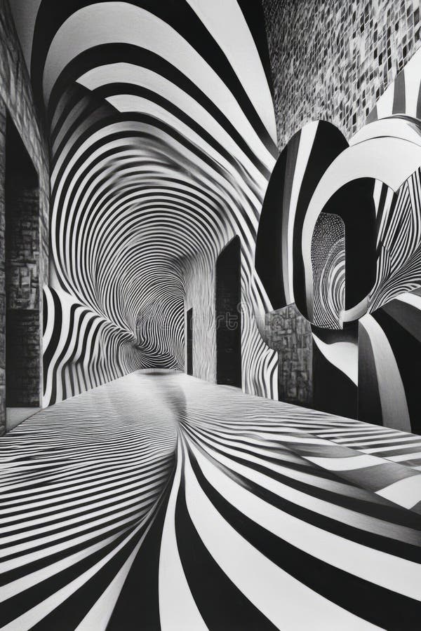 Abstract Black and White Optical Illusion Tunnel with Striped Patterns Stock Illustration ...